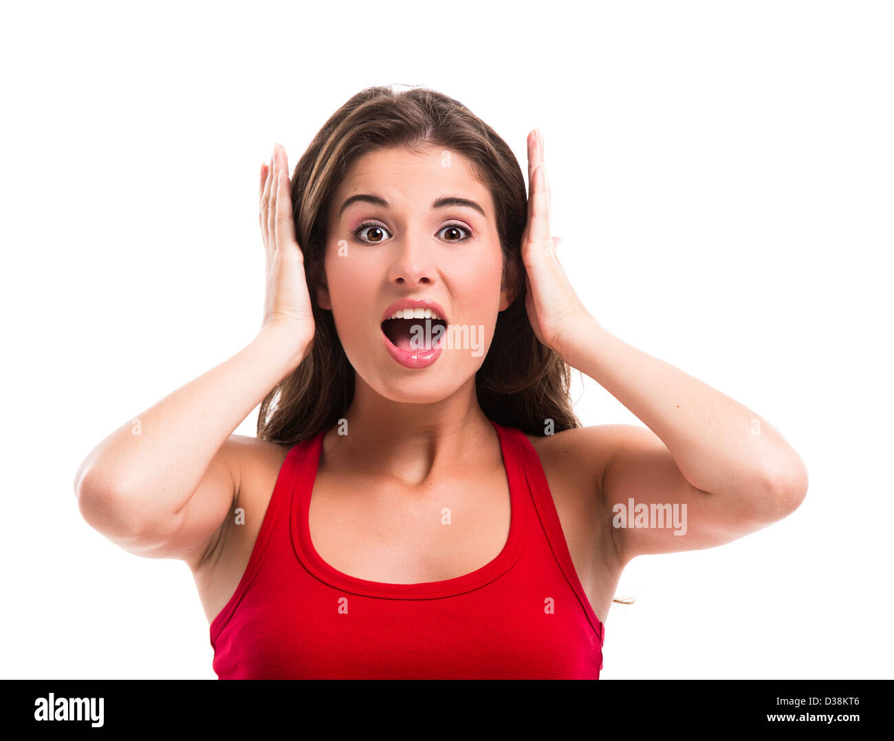 Beautiful young woman covering her ears with hands, isolated over a ...
