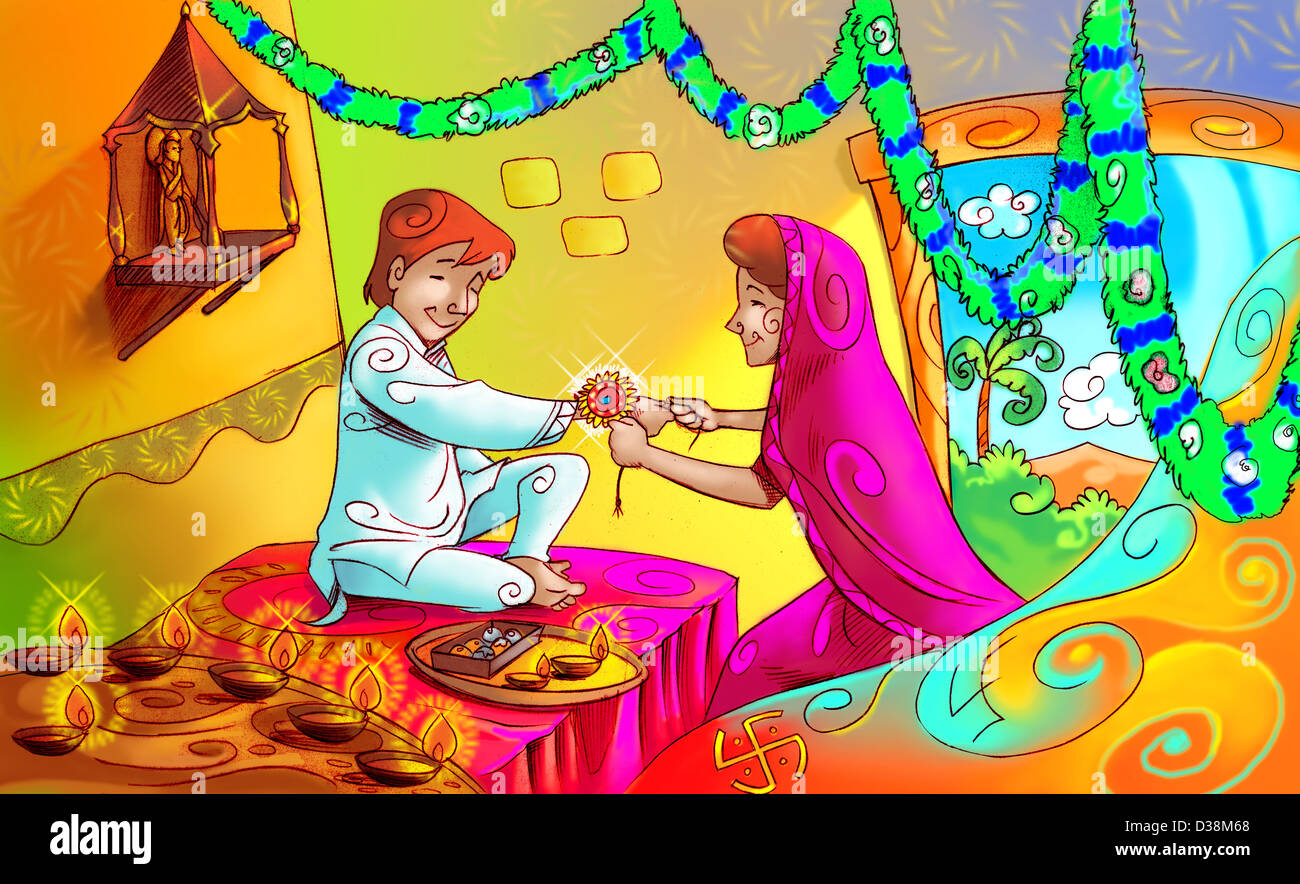 Woman tying rakhi on the wrist of her brother Stock Photo - Alamy