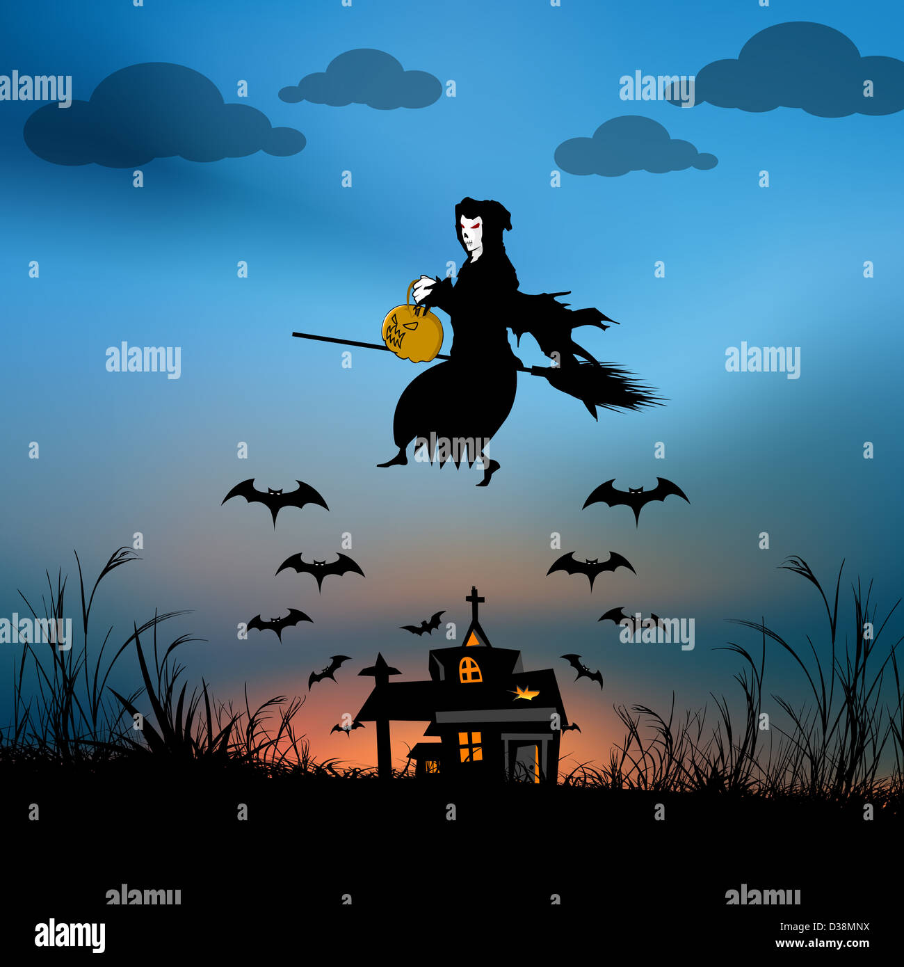 Church with witch and bats at sunset Stock Photo - Alamy
