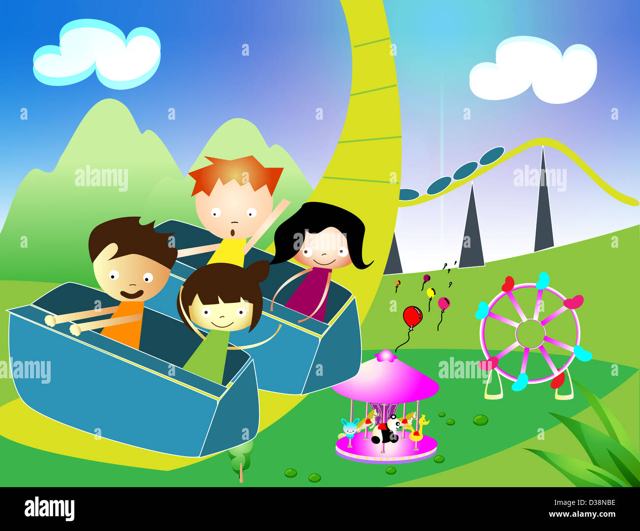 Children riding on a rollercoaster in an amusement park Stock Photo - Alamy