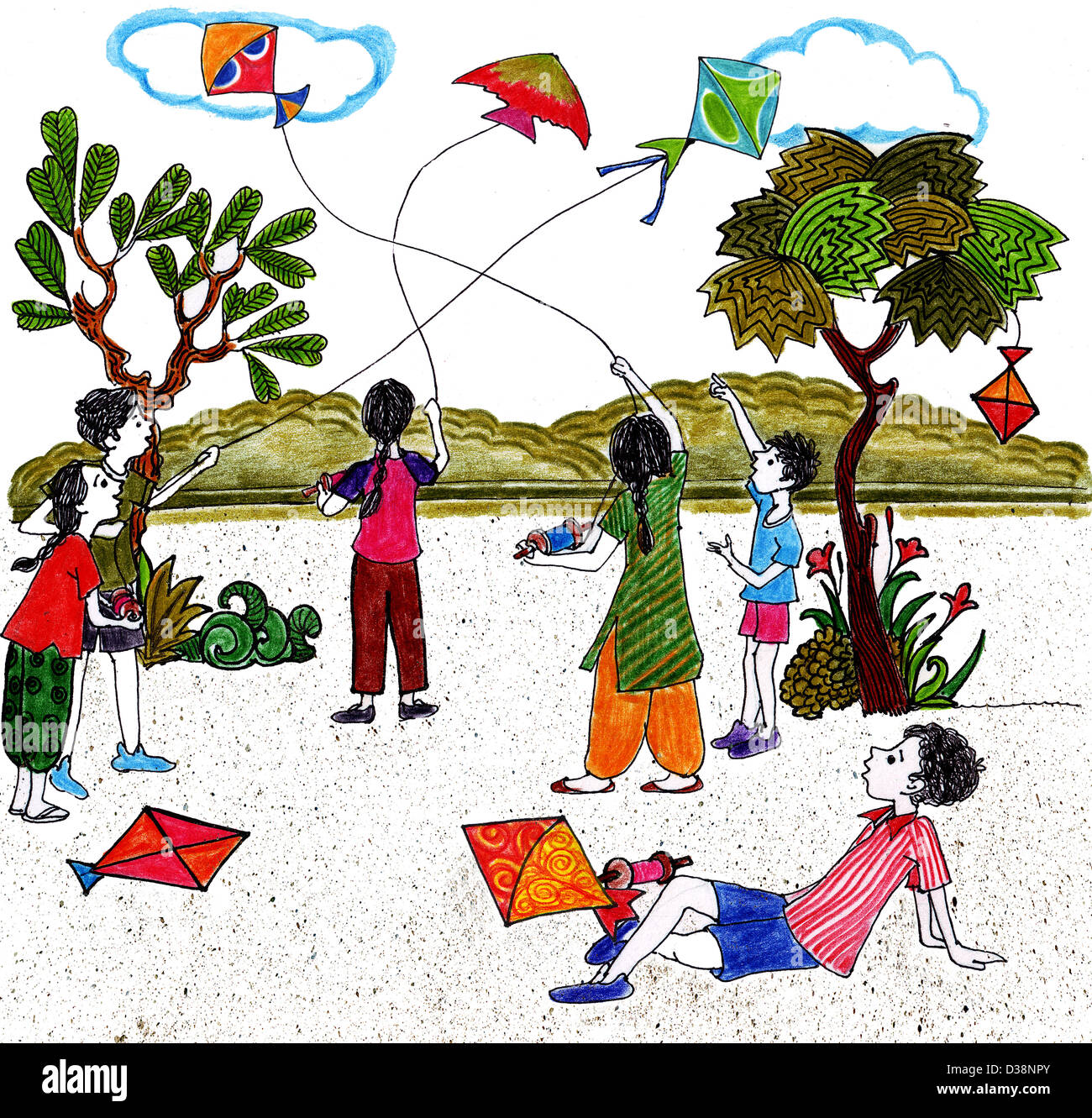 Illustration kids flying kites hi-res stock photography and images - Alamy