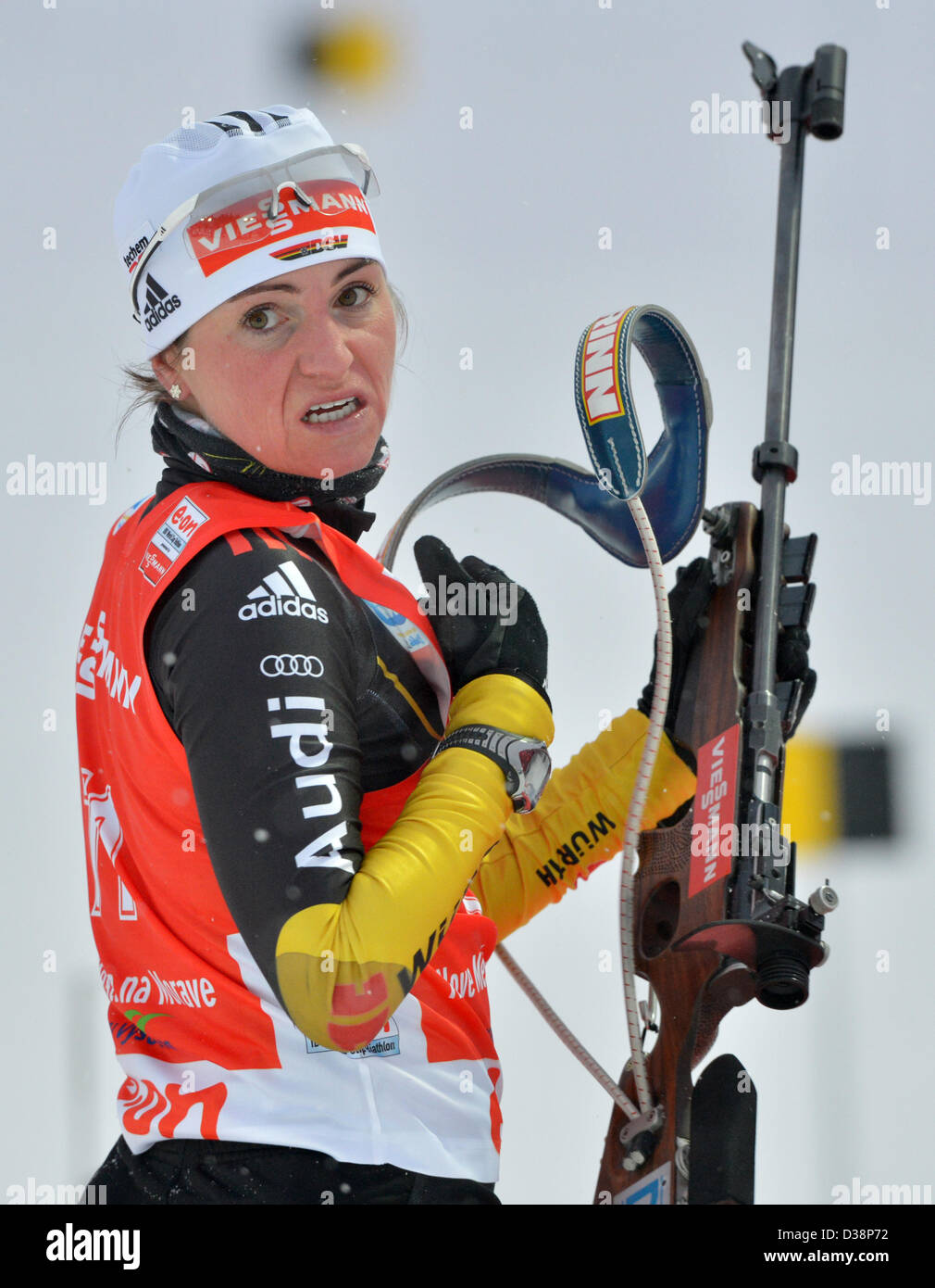 Andrea Henkel of Germany competes at the shooting range during the ...