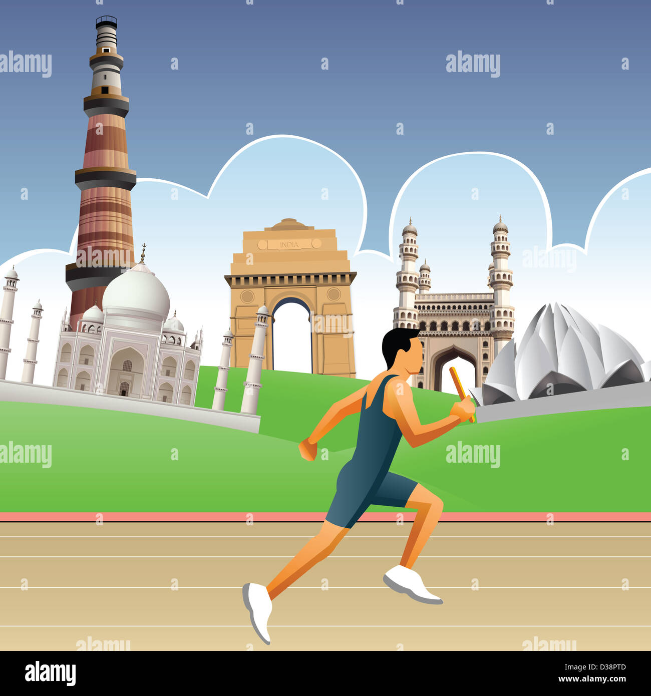 Man running on a racing track with historical buildings in the ...