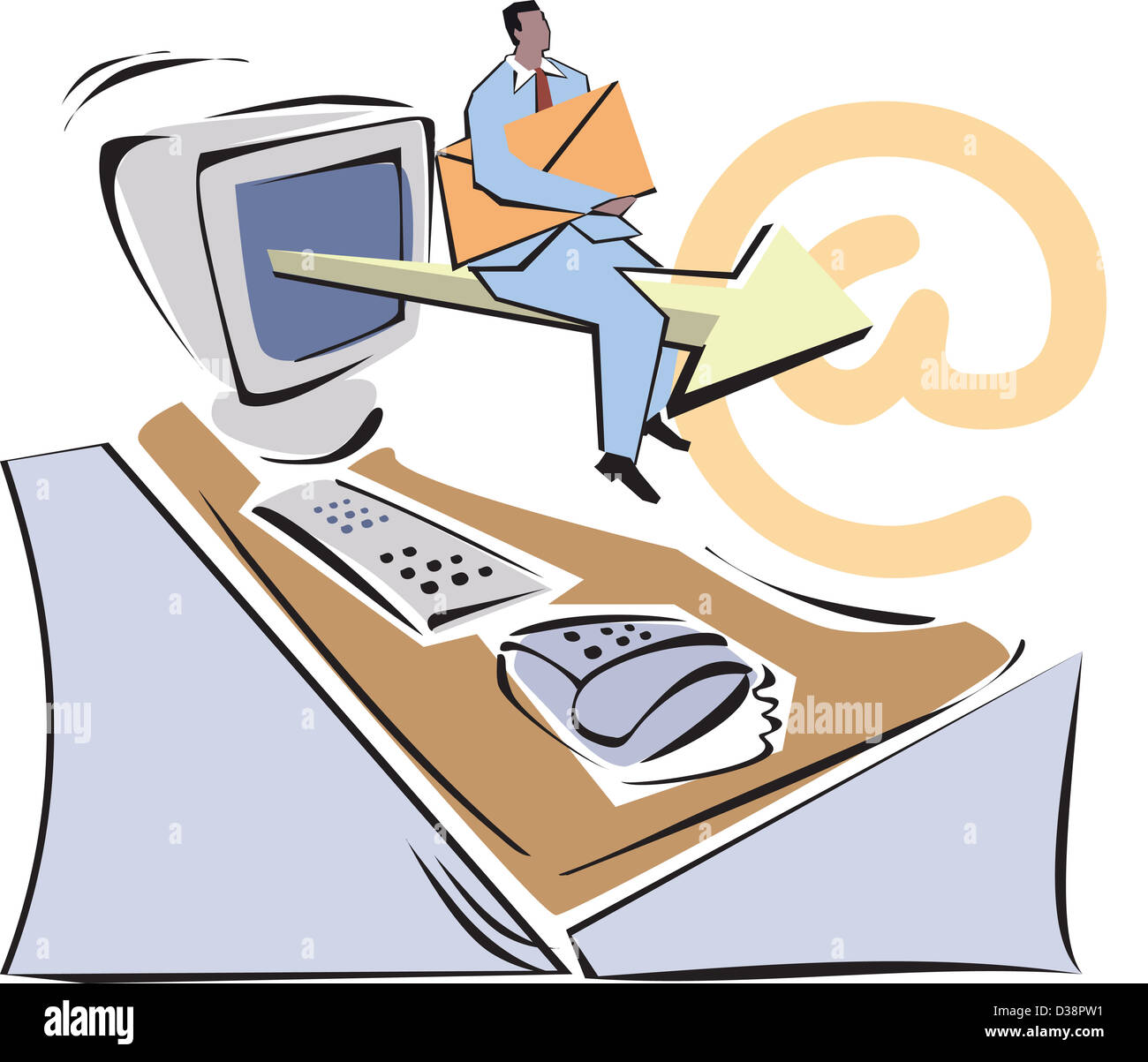 Man sitting on an arrow coming from computer monitor and holding email ...