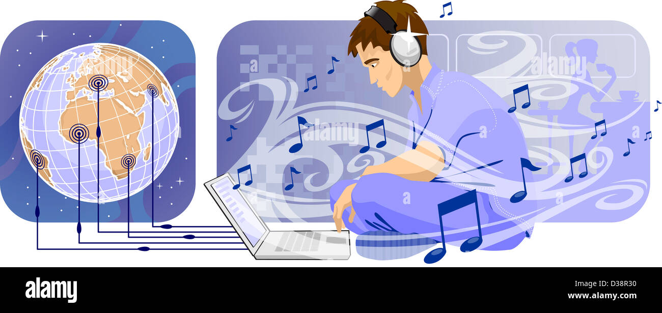 Man downloading music from internet Stock Photo - Alamy