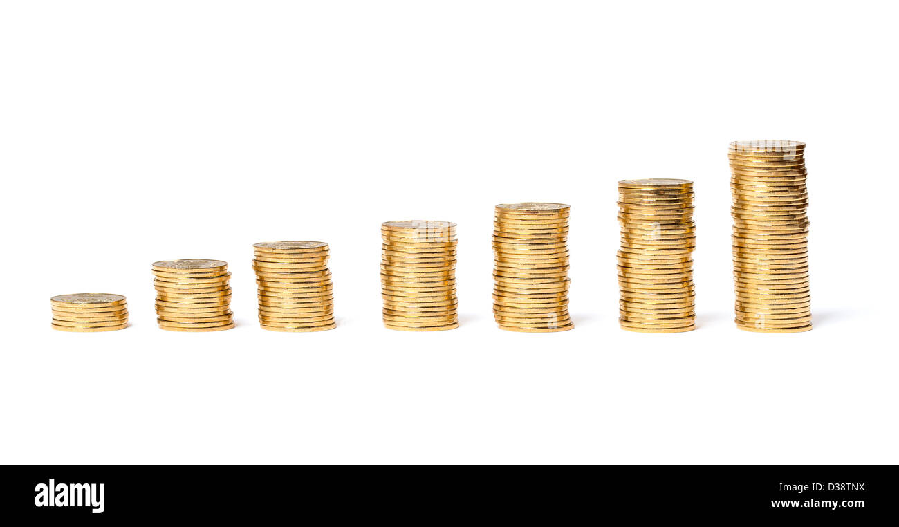 Columns of golden coins isolated on white Stock Photo - Alamy