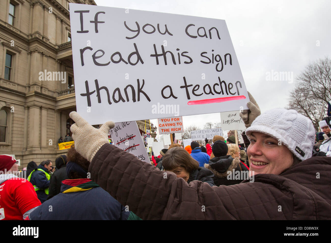 Union members protest "right to work" legislation at Michigan state ...