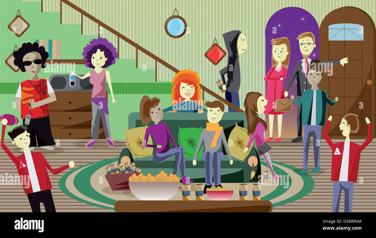 Sudden entry of parents during teenagers home party Stock Photo - Alamy