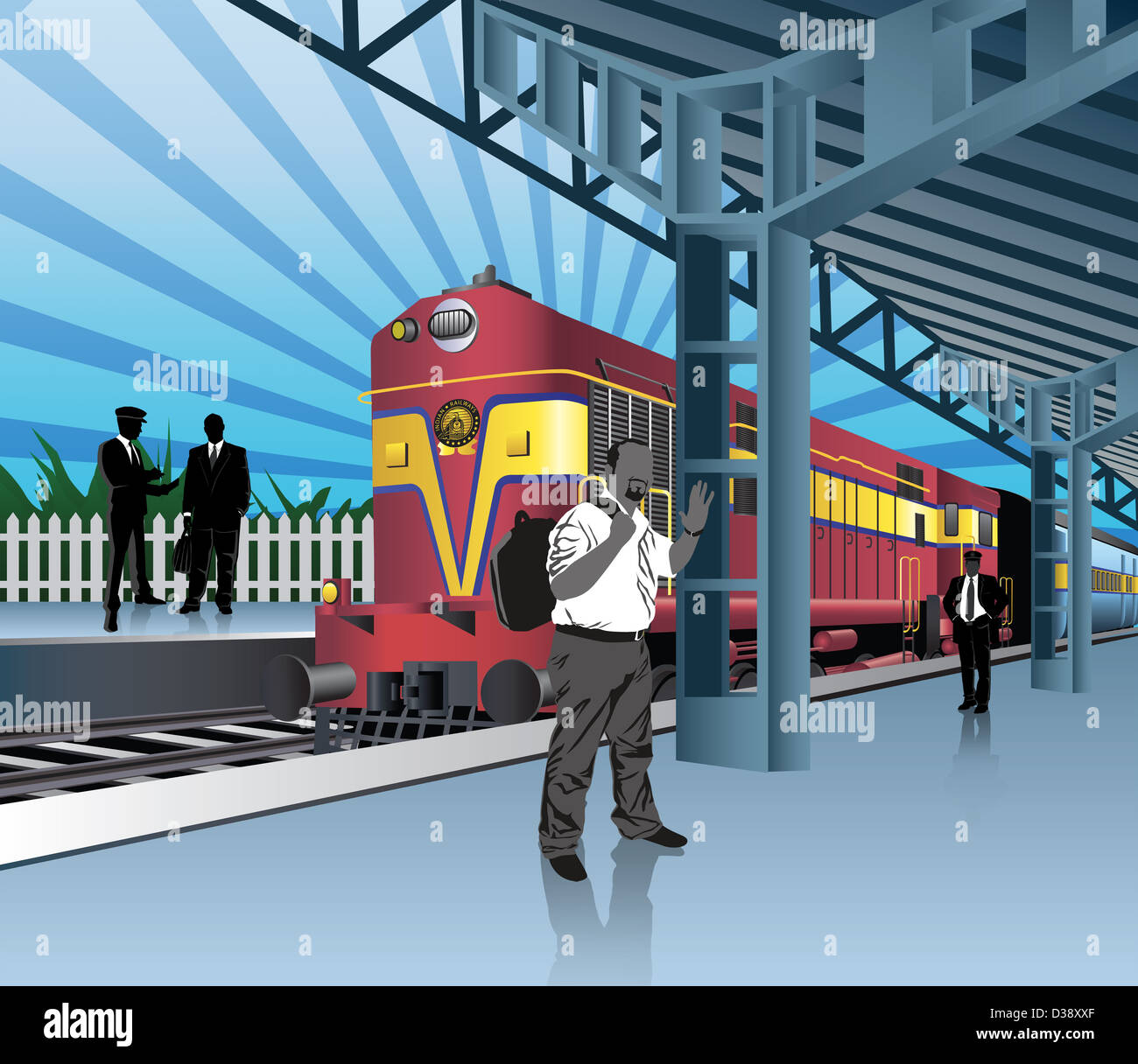 Passengers at a railroad station waiting for train Stock Photo - Alamy