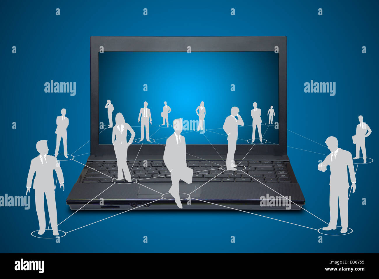 Worker standing on a virtual connection, network on a laptop Stock ...