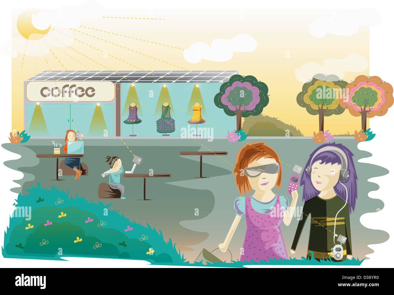 People at a solar energy powered cafe Stock Photo - Alamy