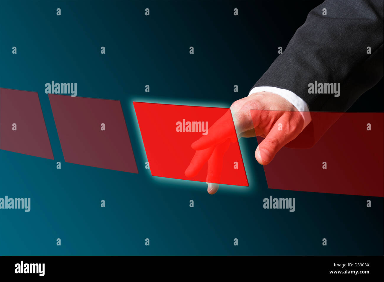 well dressed hand is pushing a red button Stock Photo - Alamy