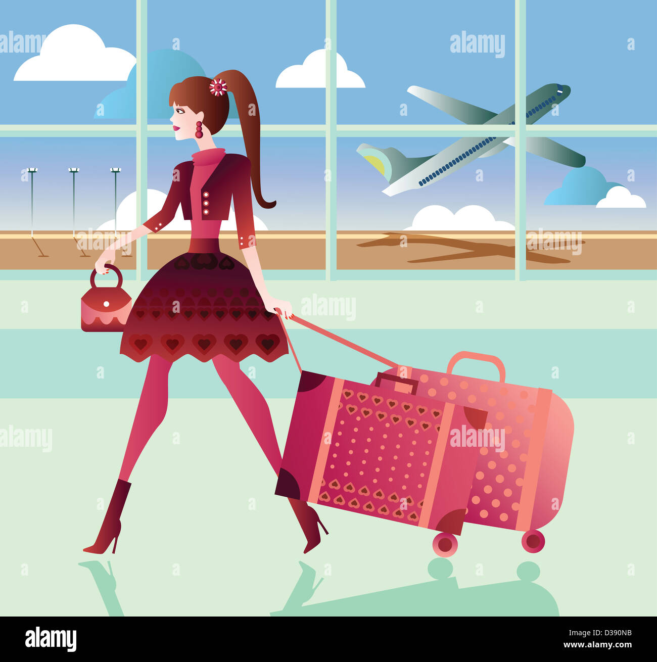 Woman pulling her luggage at an airport Stock Photo - Alamy