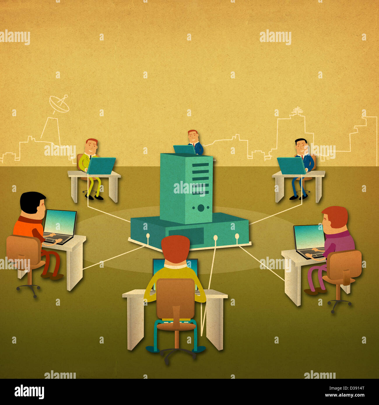 Business people using laptops connected to a centralized server Stock ...