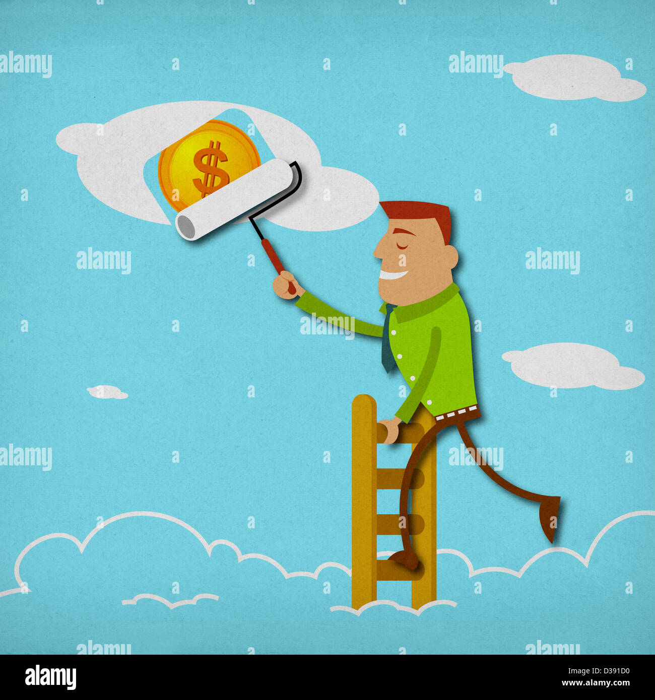 Businessman holding a dollar sign on a ladder Stock Photo - Alamy