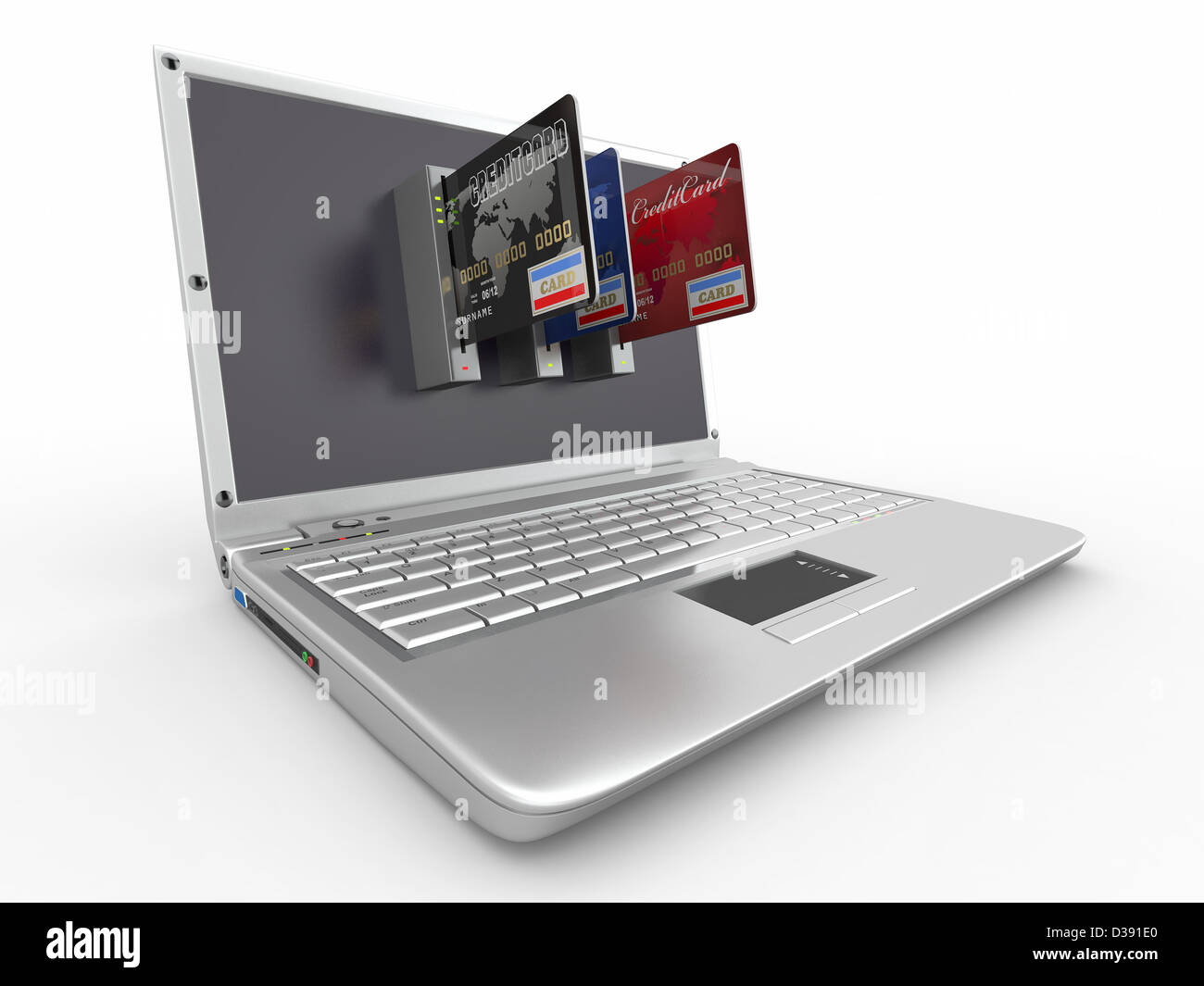 E-commerce. Laptop and credit card on white isolated background. 3d ...