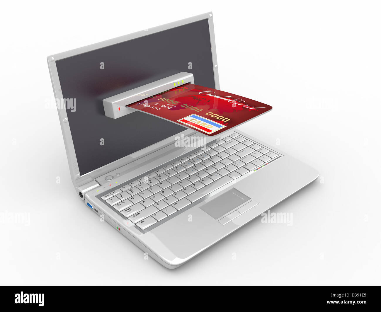 E-commerce. Laptop and credit card on white isolated background. 3d ...