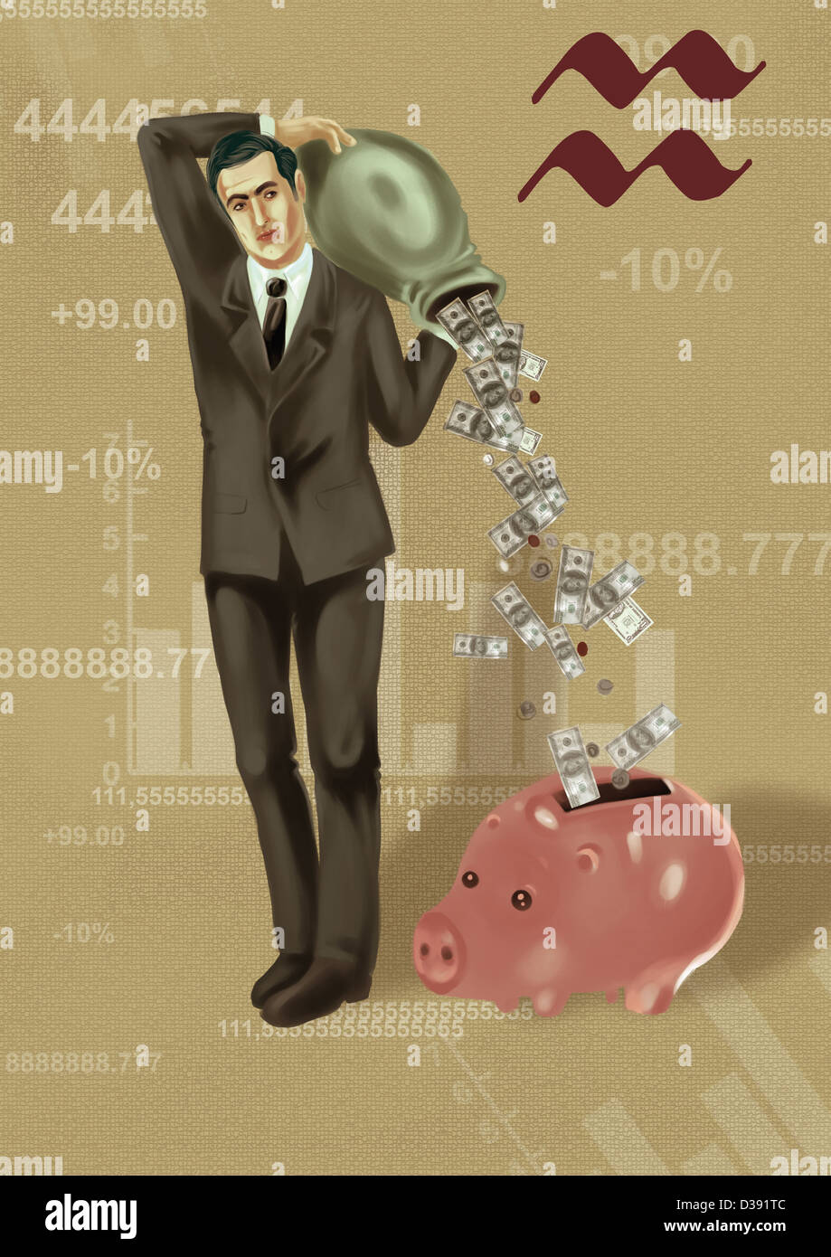 Businessman pouring money into a piggy bank Stock Photo - Alamy