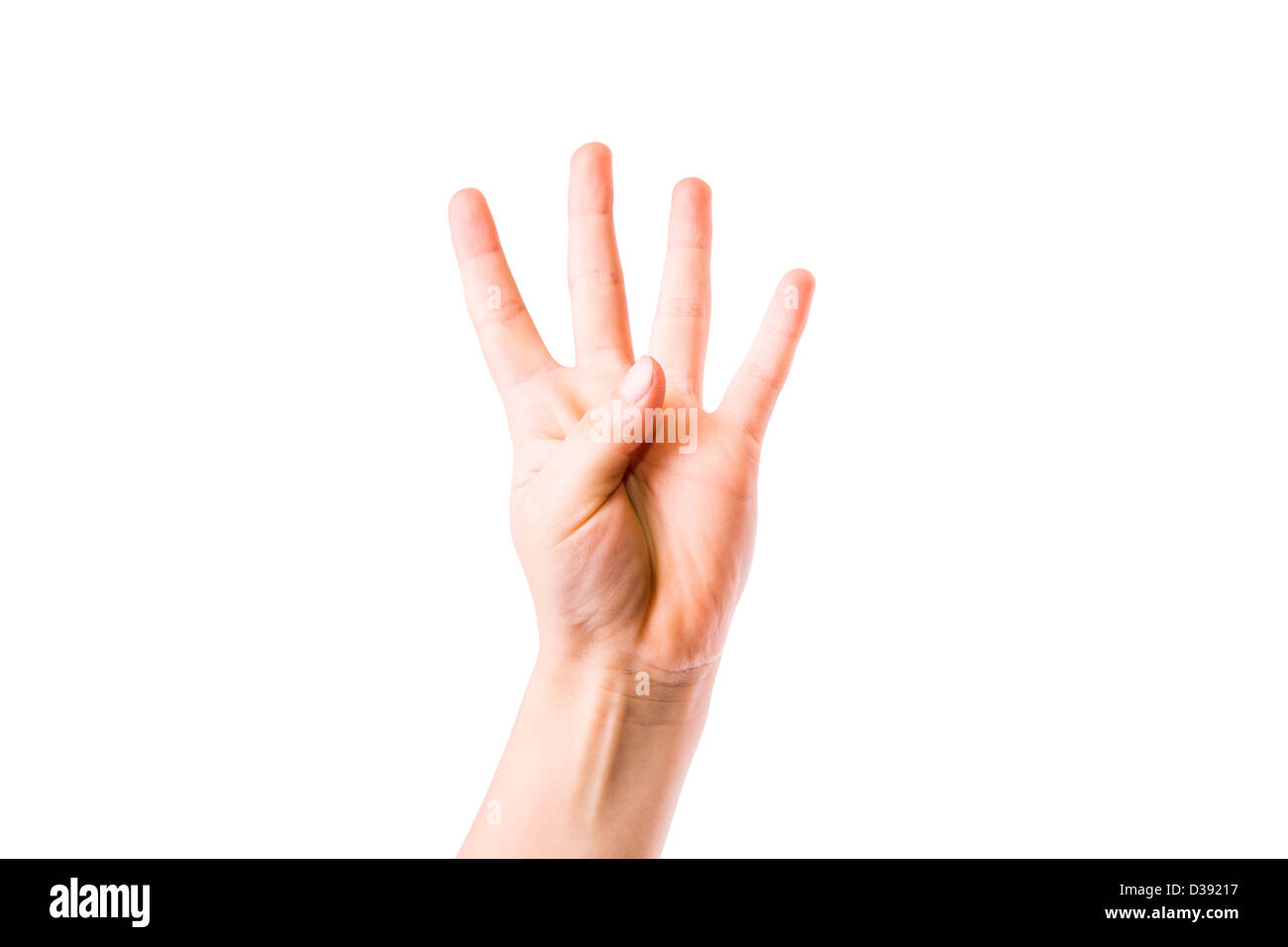Child's hand showing number four isolated on white Stock Photo - Alamy