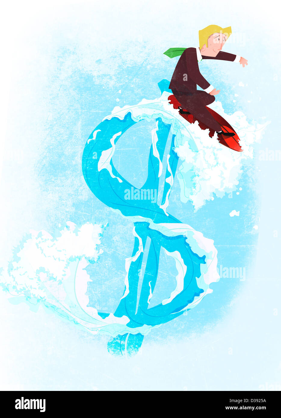 Businessman surfing on a dollar shaped wave Stock Photo - Alamy