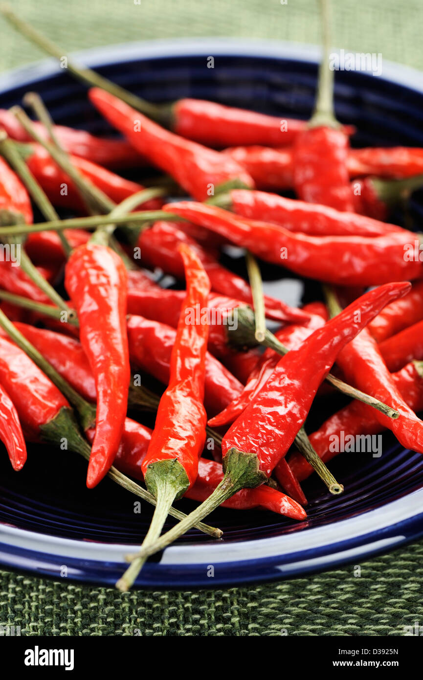 Red hot chili peppers in a blue plate Stock Photo - Alamy