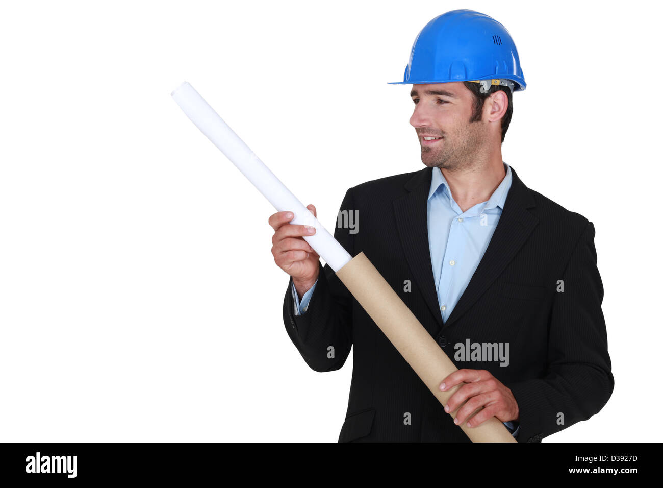 Architect fixing flat cardboard tube Stock Photo - Alamy