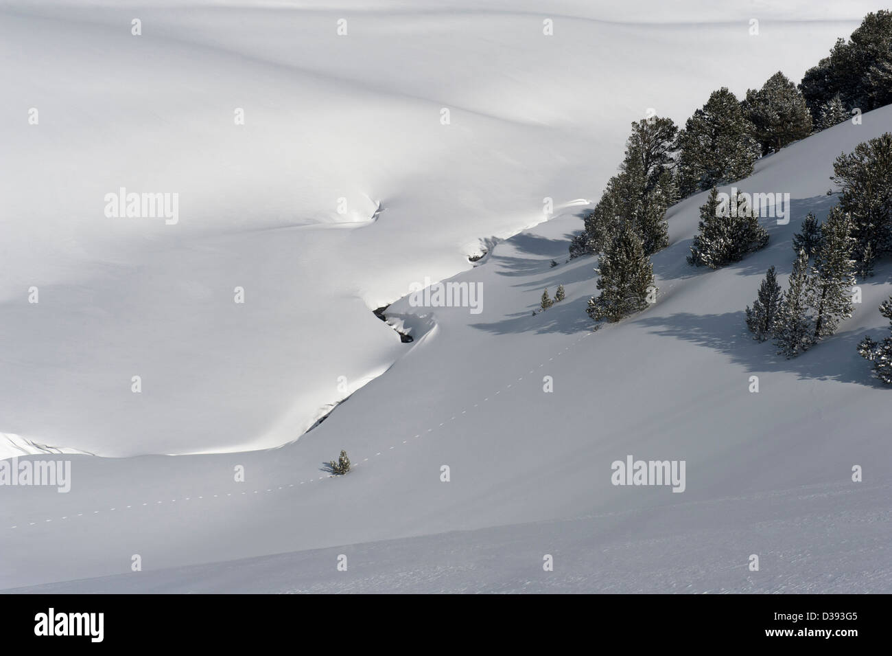 Little creek running through a snow field at Saint-Lary, skiing resort ...