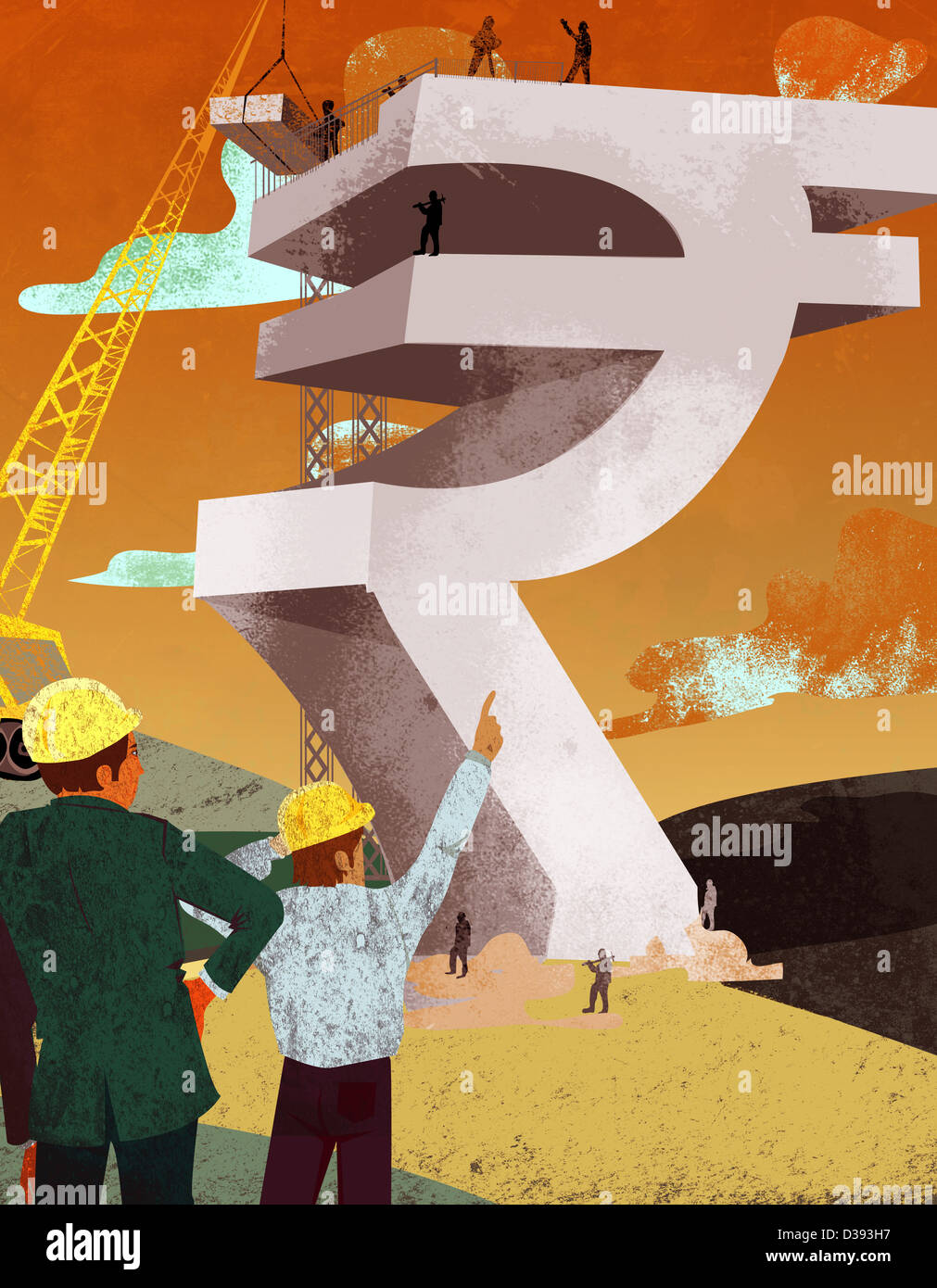 Businessman and an architect constructing rupee sign money building ...