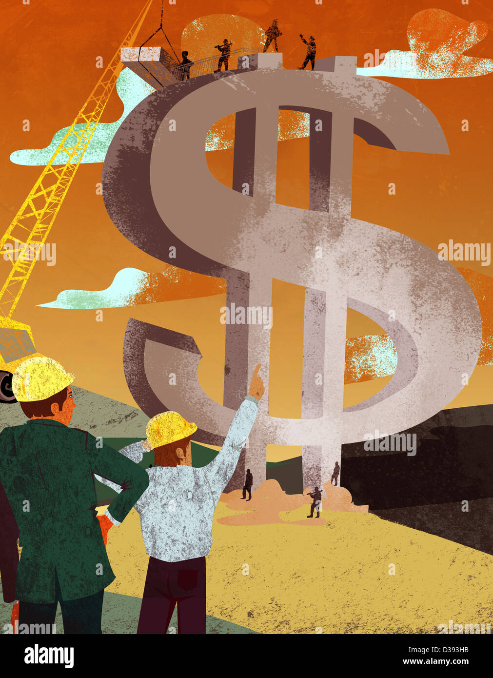 Businessman and an architect constructing dollar sign money building ...