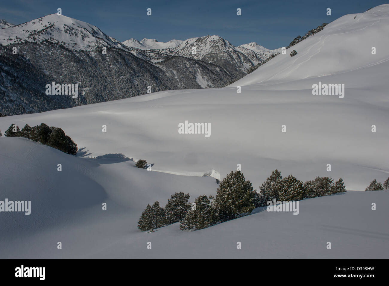 Unspoilt snow field and mountain peaka seen from the lift to Lac de l ...