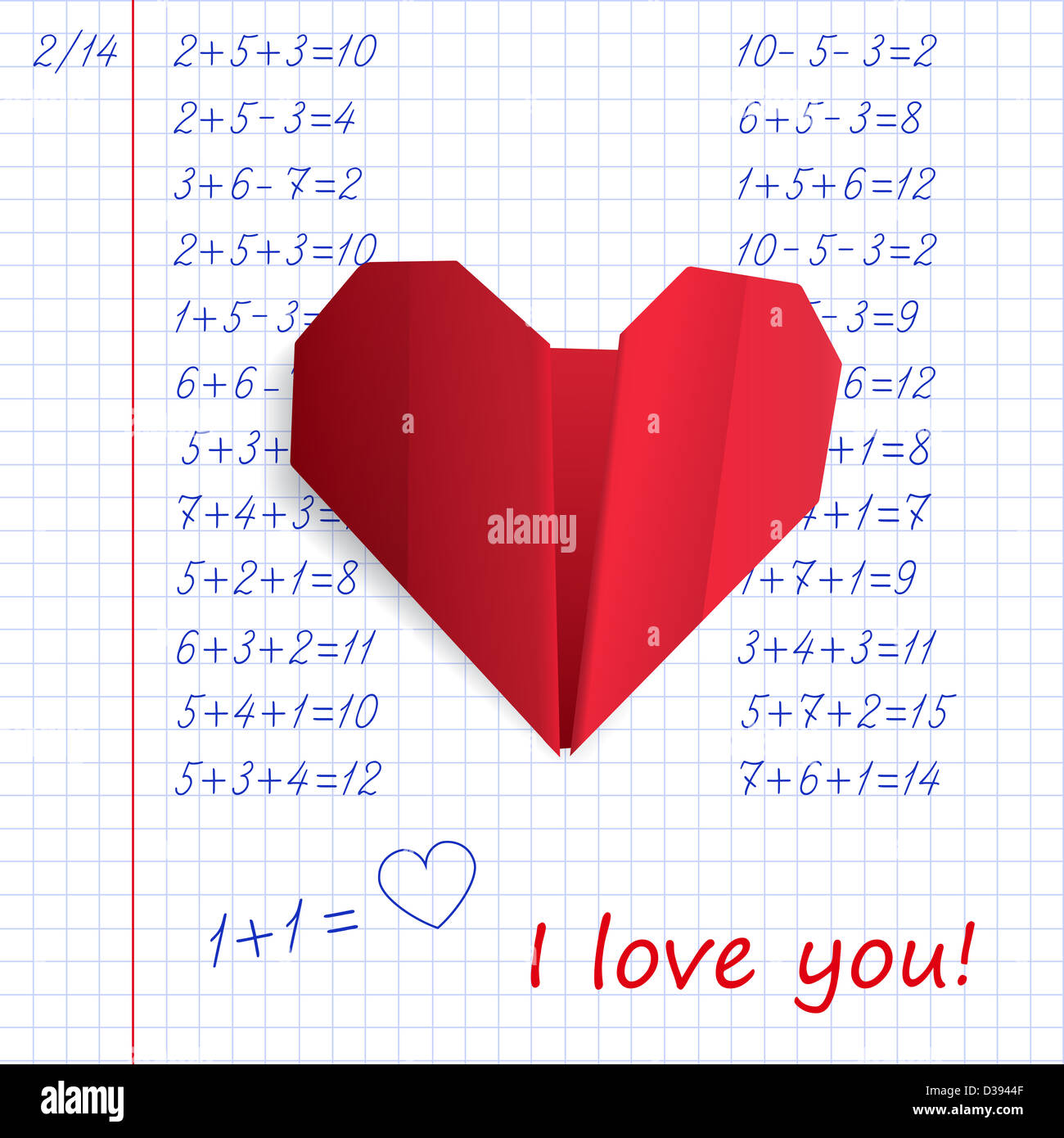 Red paper origami heart in exercise book on mathematics Stock Photo - Alamy