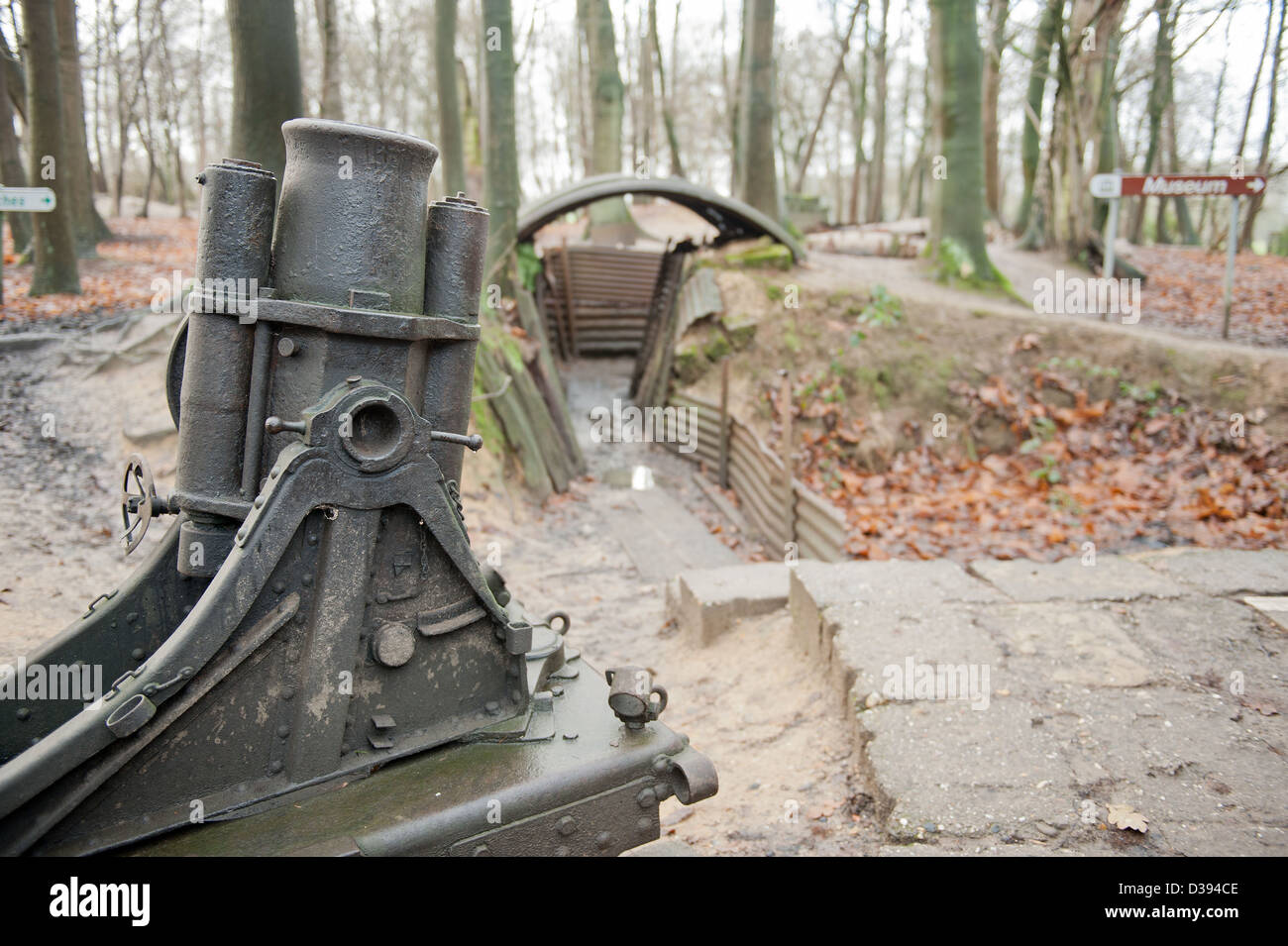 German World War One trench mortar with the Sanctuary Wood trenches in ...