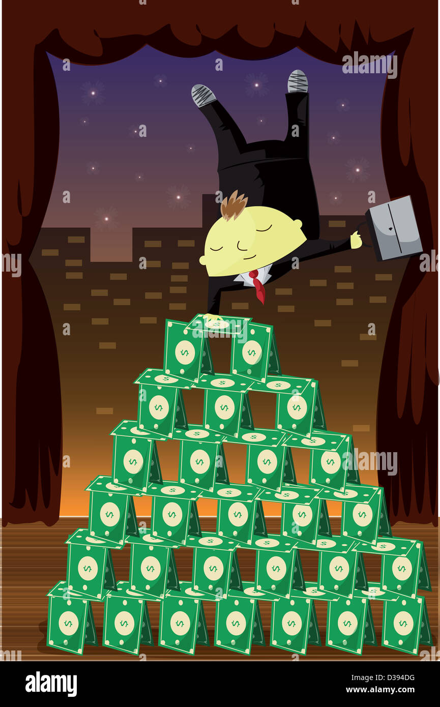Businessman balancing upside down on pyramid of money Stock Photo - Alamy