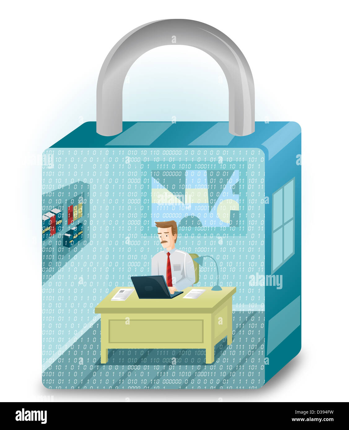 Illustration of business man working in a lock shaped room Stock Photo ...