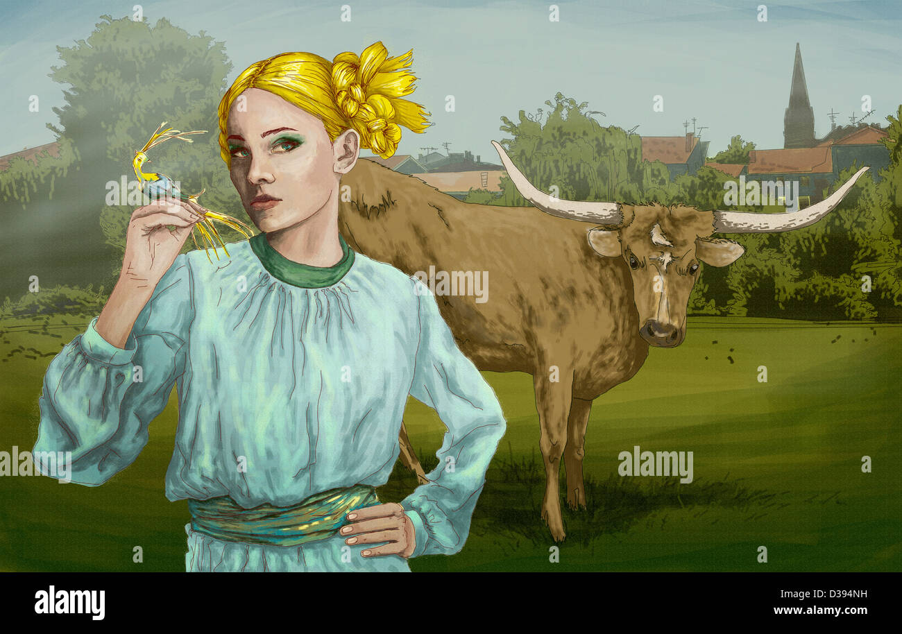 Illustrative image of confident young woman with cow in background ...