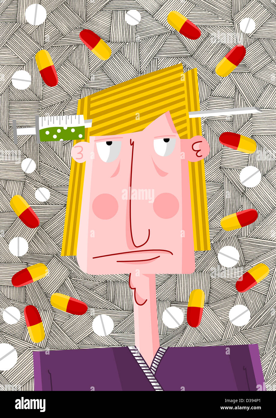 Front view of drug addict man surrounded with tablets and capsules ...