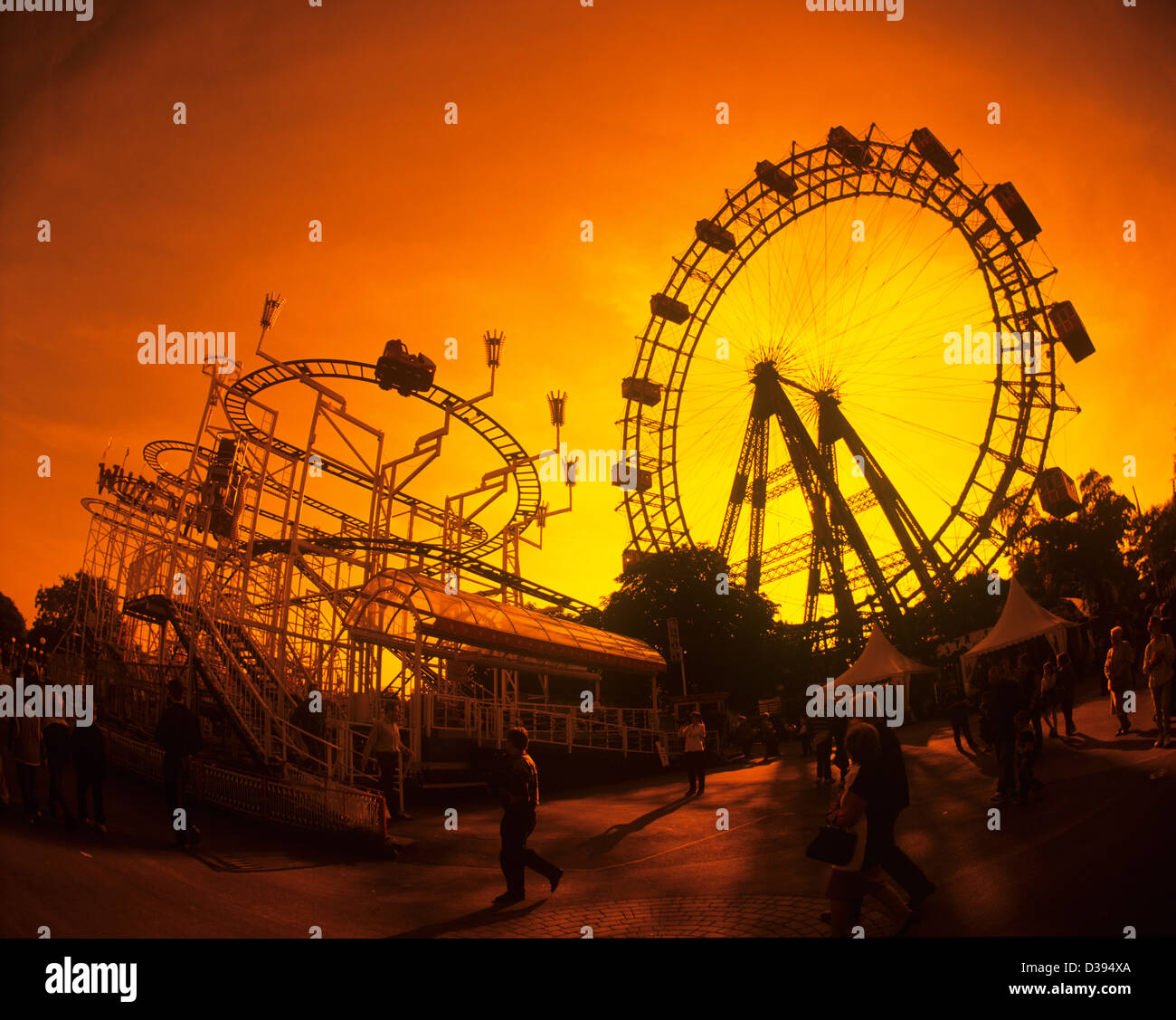 Austria, Vienna, Prater amusement park with roller coaster and the ...