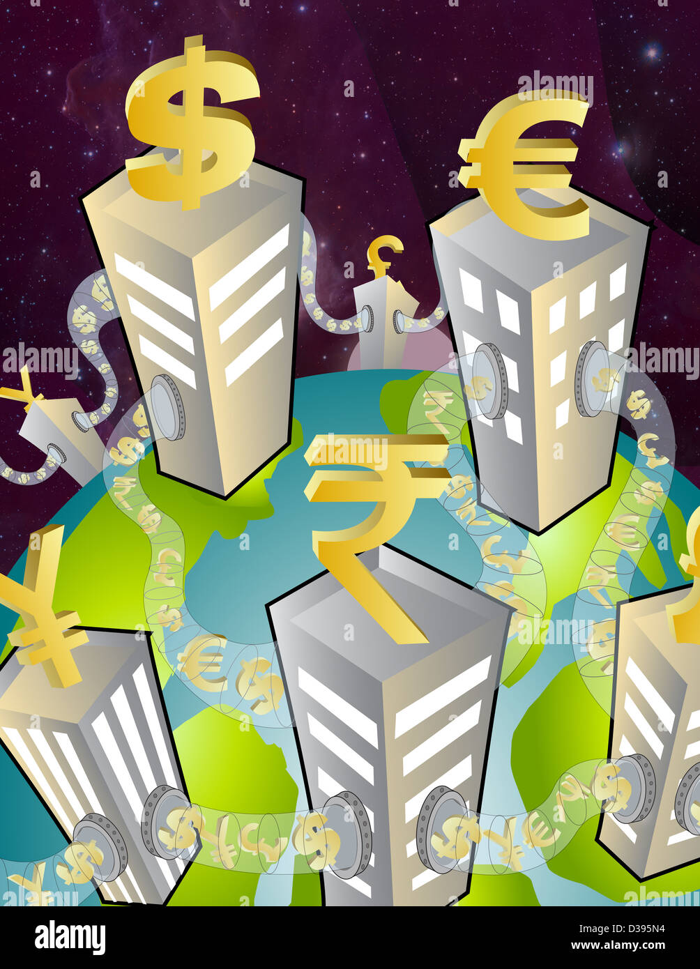 Representation of currency symbols on top of buildings connected with ...