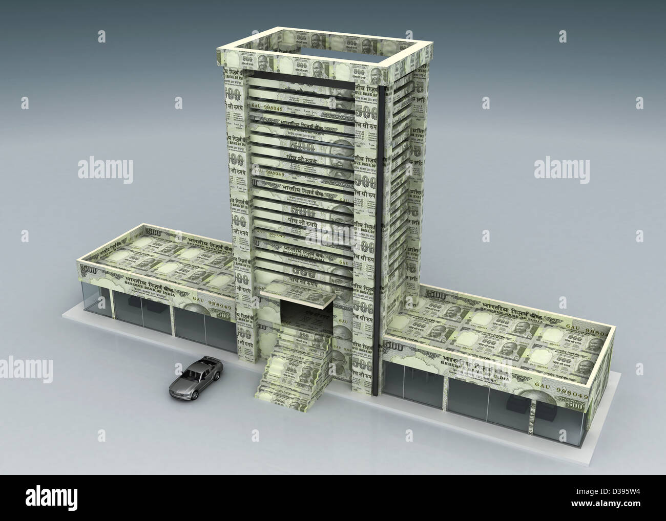 Office building made of Indian paper currency over gray background ...