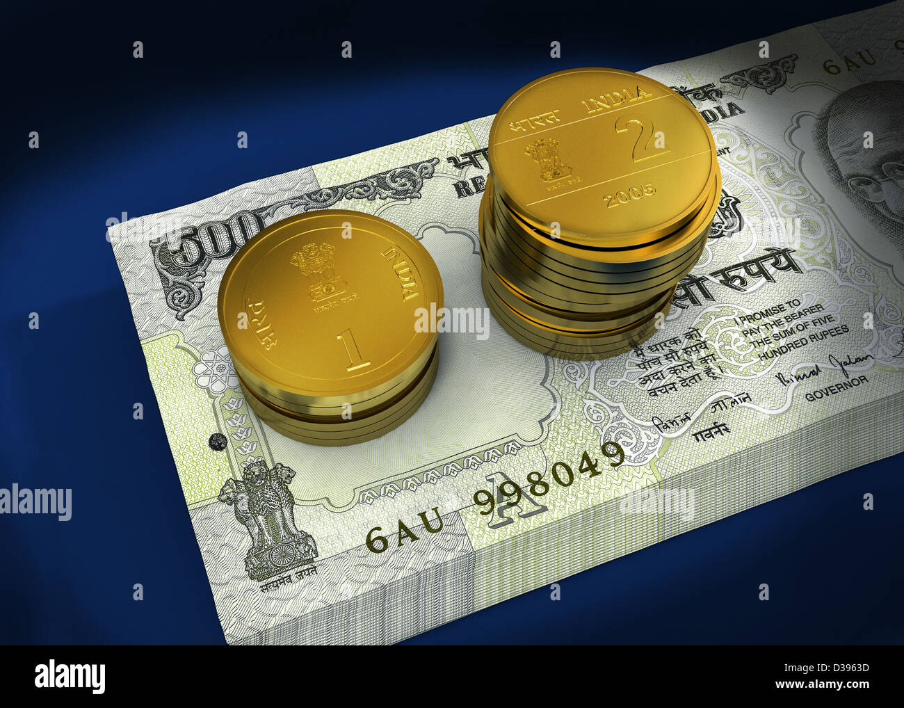 Bundle of Indian currency notes with stack of coins Stock Photo - Alamy