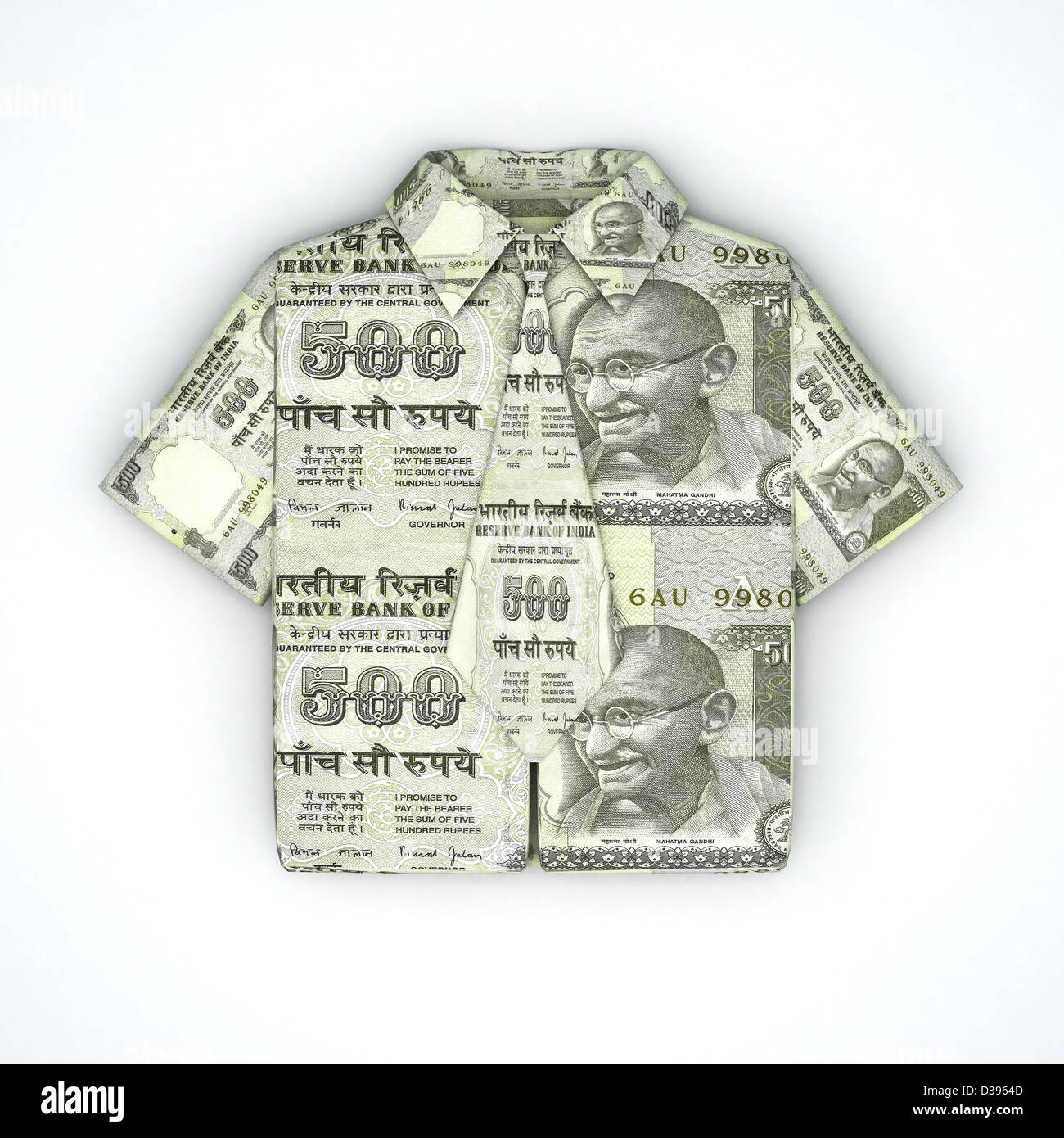 Indian five hundred Rupee note folded into the shape of a shirt and tie ...