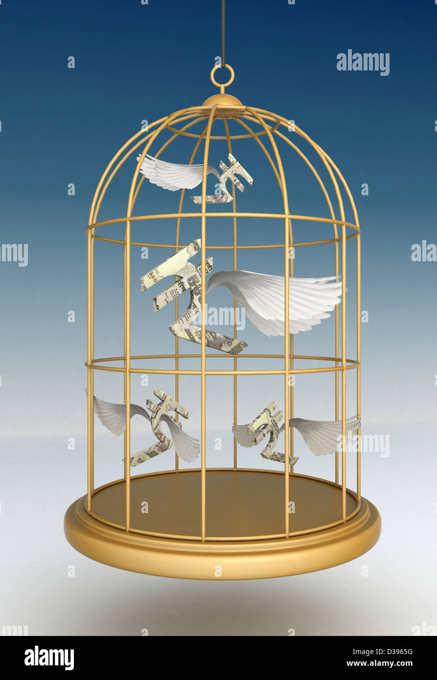 Indian currency notes flying in a bird cage Stock Photo - Alamy