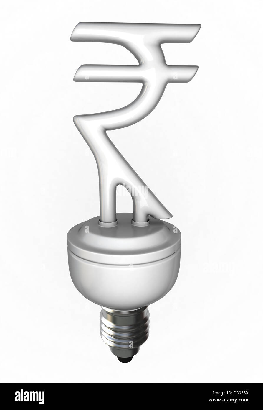 Compact fluorescent light bulb shaped like Rupee sign on white ...
