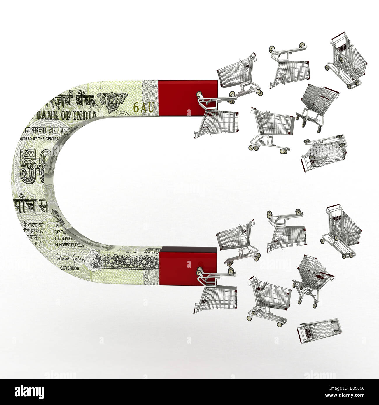 Horseshoe magnet of Indian currency drawing shopping carts towards it ...