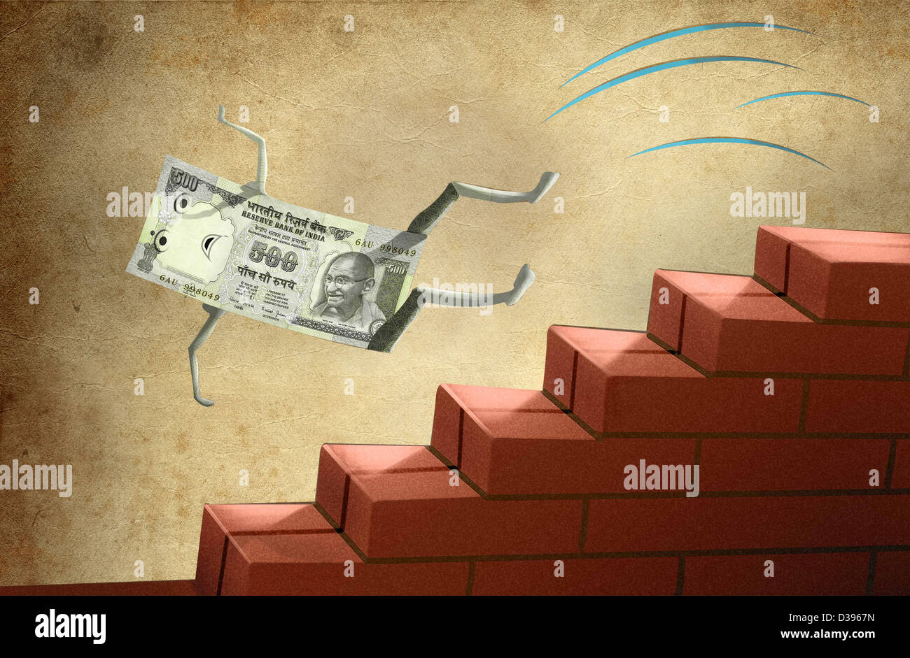 Indian five hundred Rupee note falling down from brick stairs Stock ...