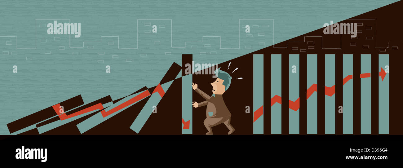 Illustration of businessman preventing blocks from falling Stock Photo ...