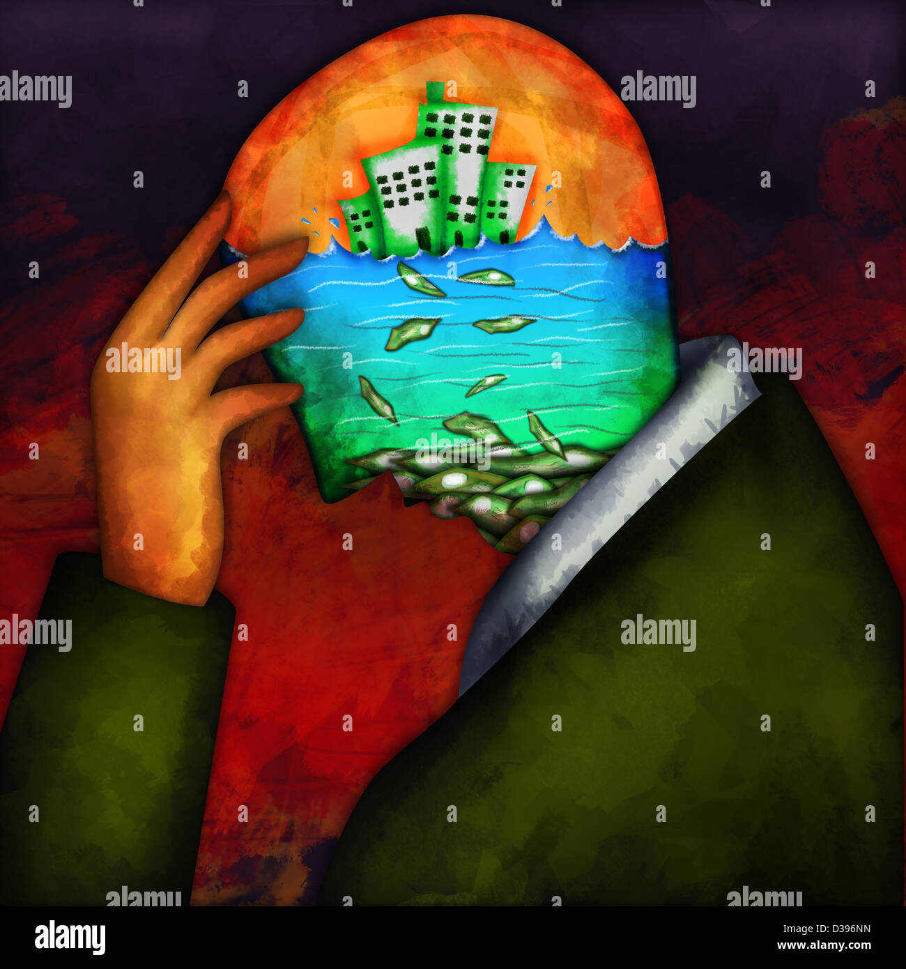 Illustrative image of a person in depression representing economic ...