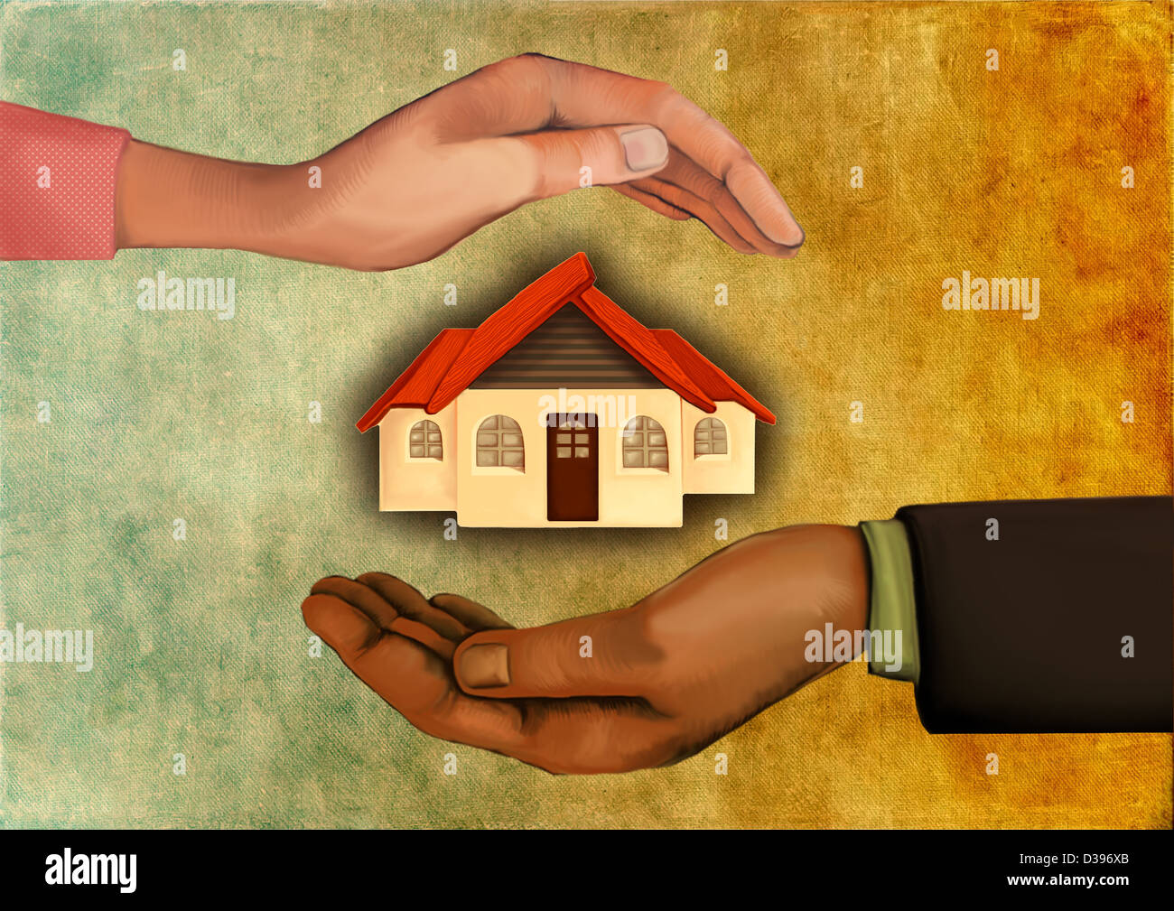 Illustrative image of human hands shielding model house representing ...