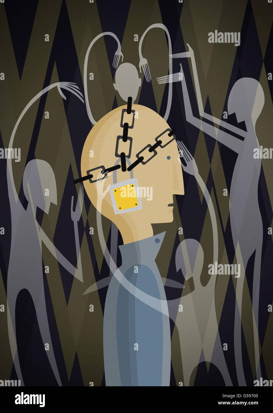 Conceptual illustration of man's head chained with padlock depicting ...