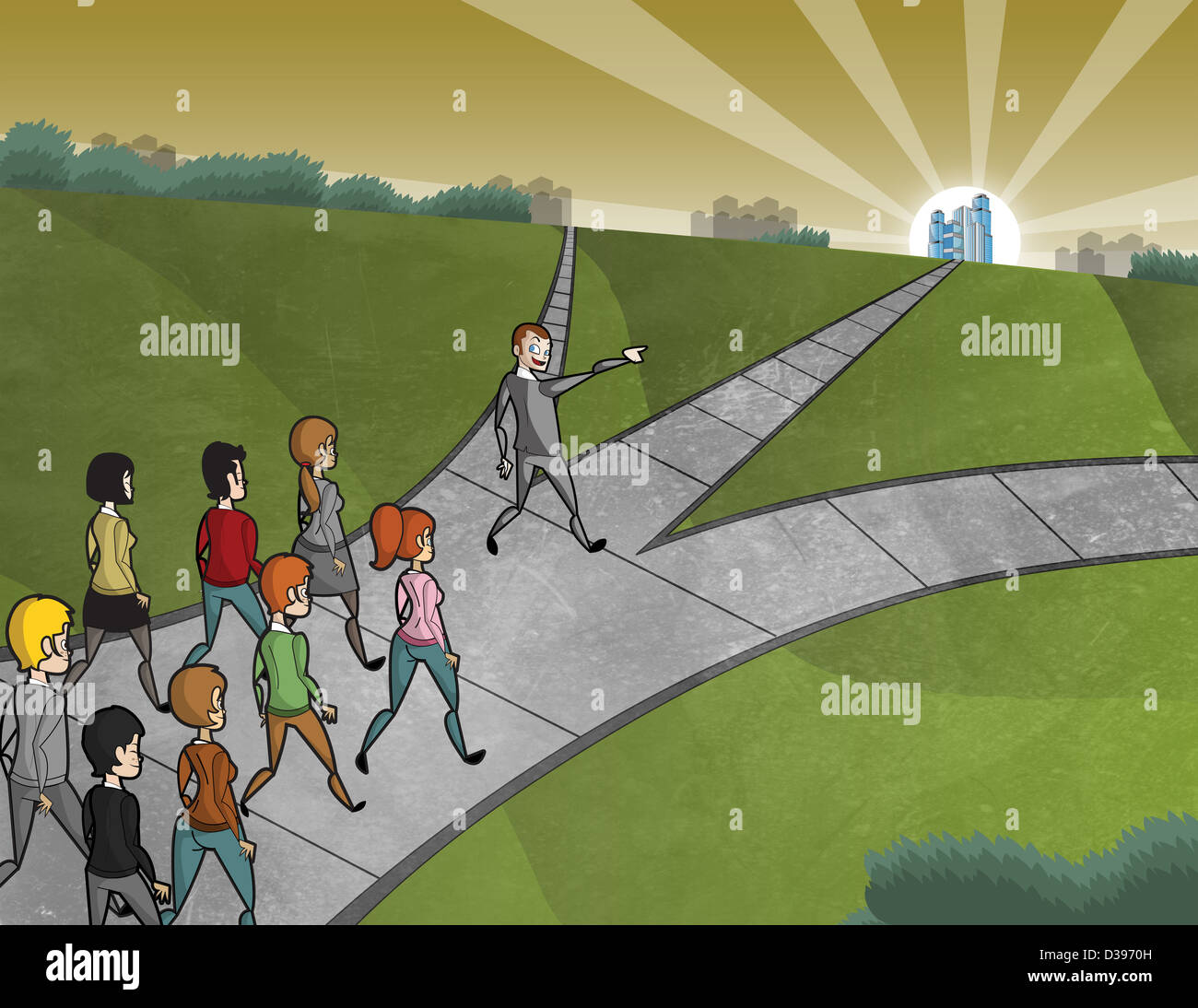 Conceptual image of man leading group of people to the right way Stock ...